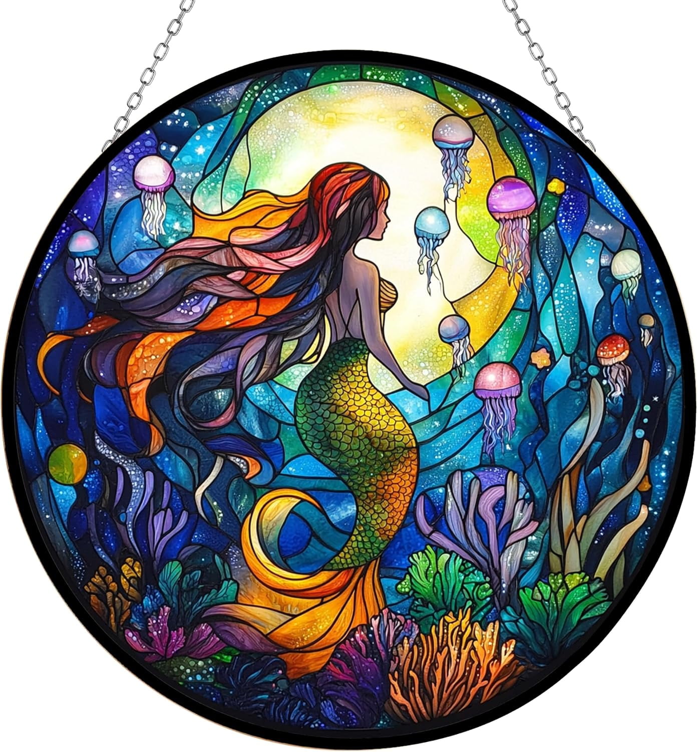 Boho Mermaid in an Ocean Stained Glass Window Hangings Stained Glass ...