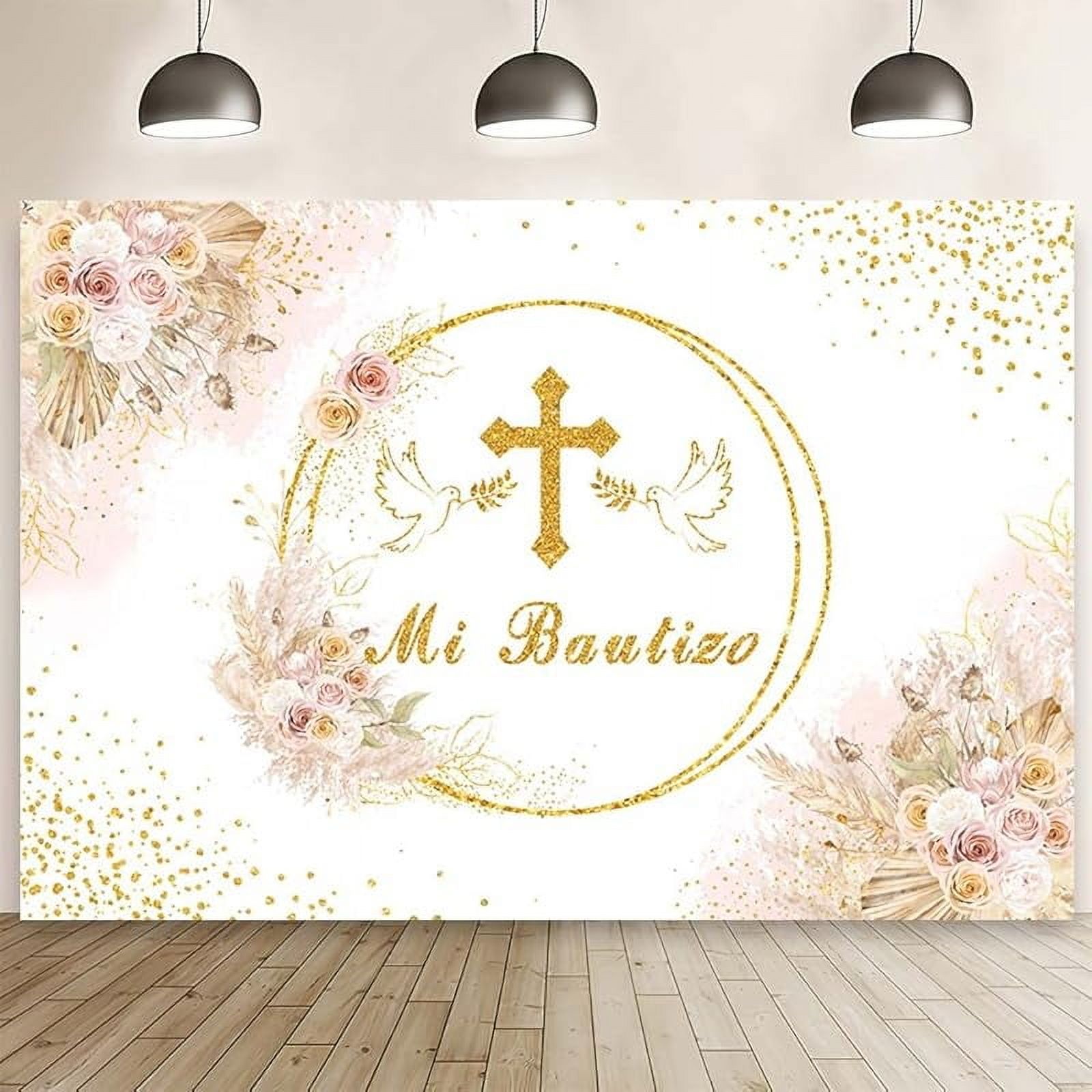 Boho Mi Bautizo Backdrop Girl Pastel Pink Gold Glitter Baptism ...