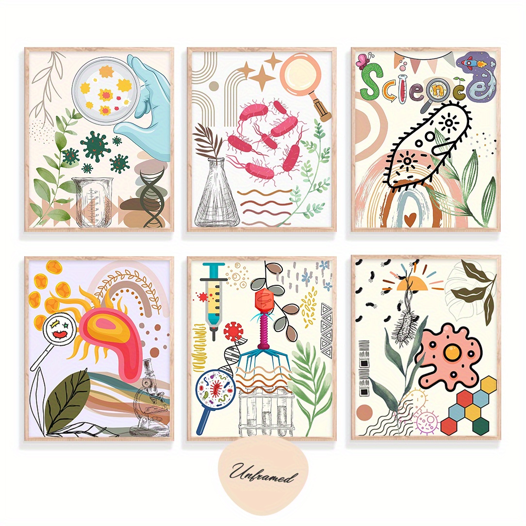 Boho Microbiology Watercolor Prints, 6pcs Unframed Science Wall Art for ...