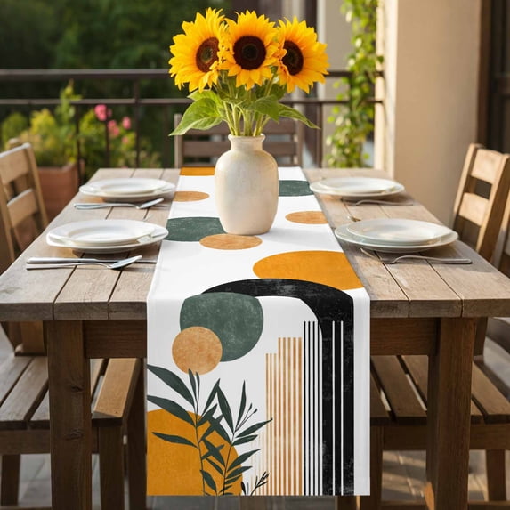 Boho Mid Century Arch Round Table Runner 90 Inch Long Sun Green Leaf ...