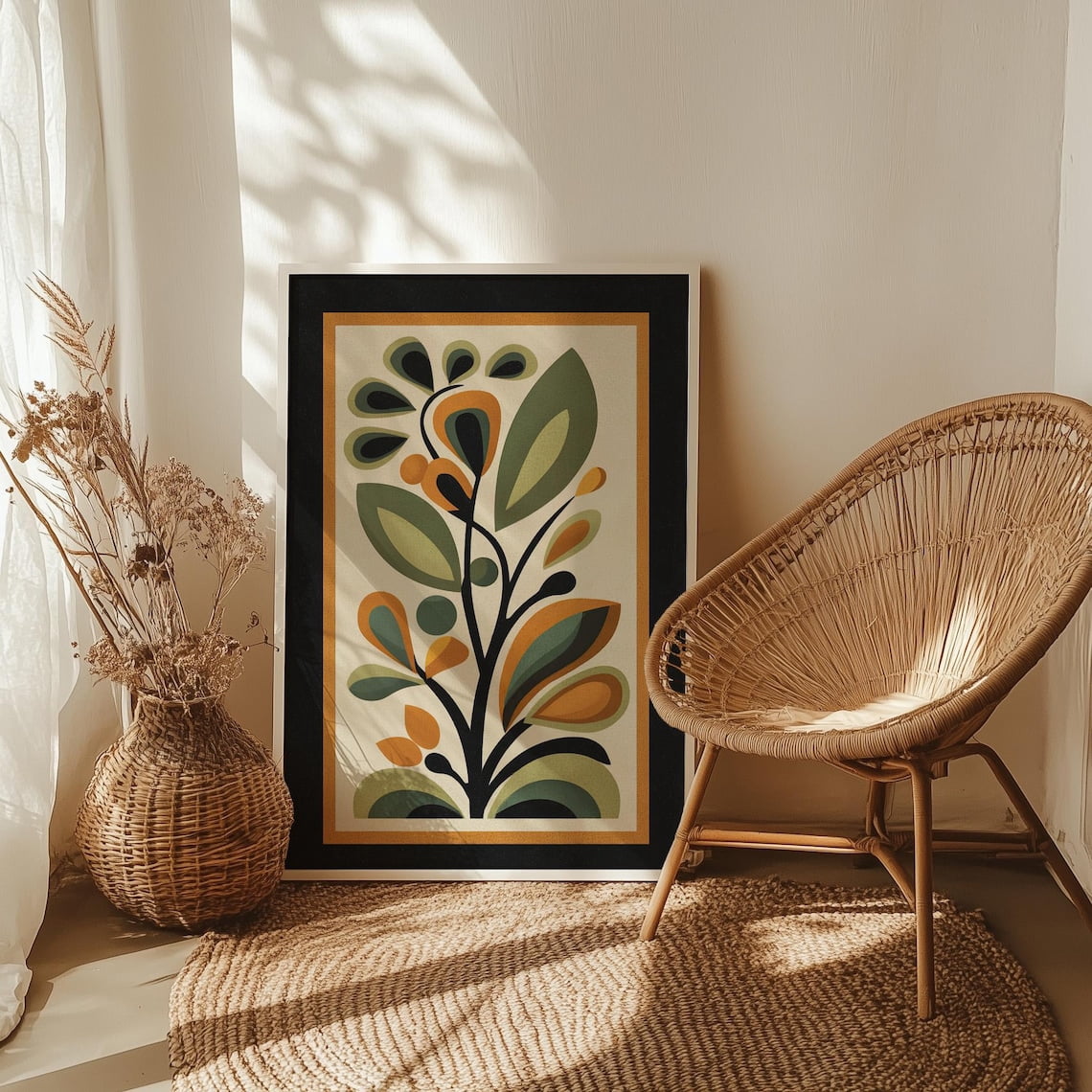 Boho Mid-Century Art Nouveau Leaf Petal Retro Olive Green Mustard ...
