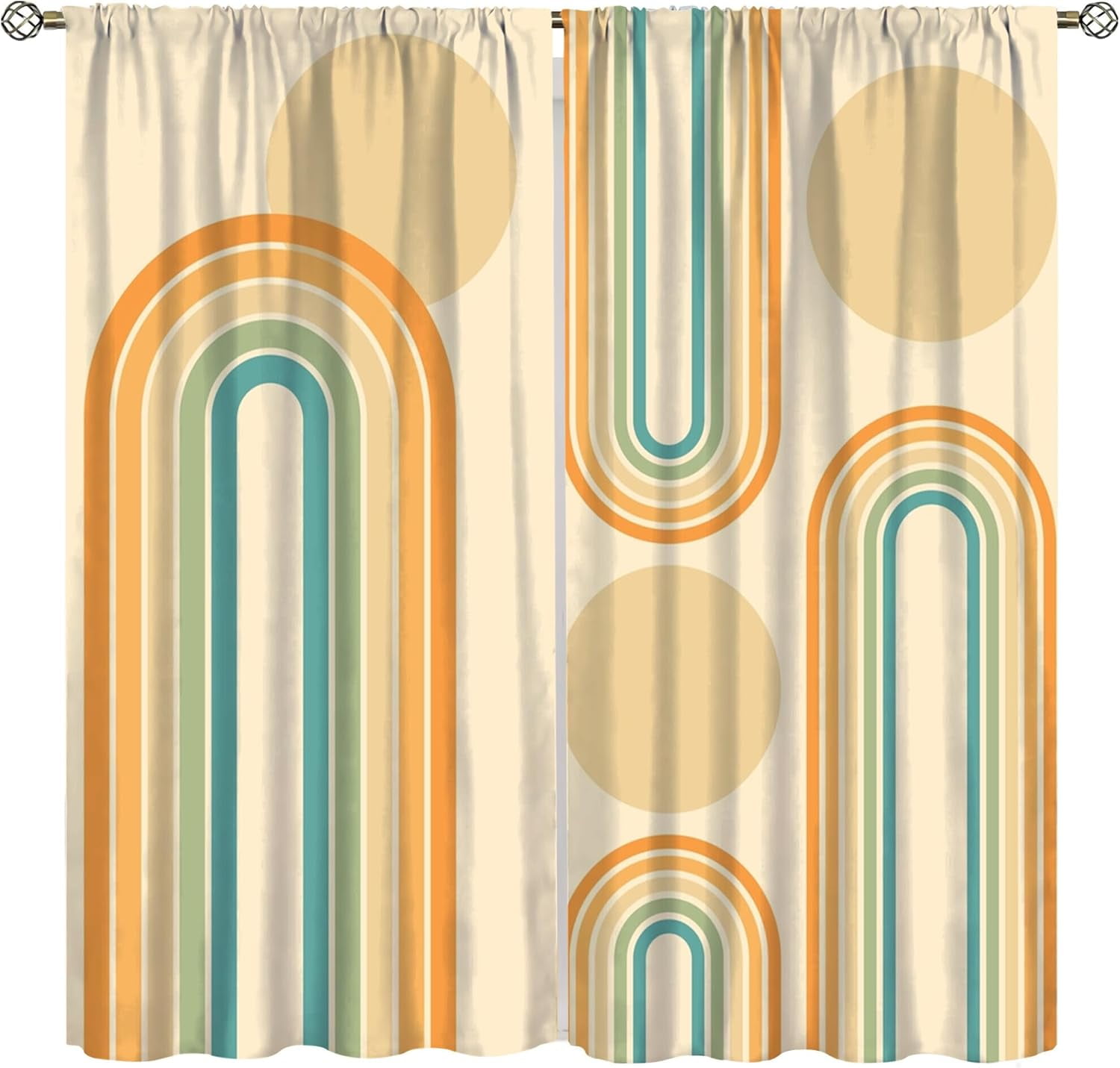Boho Mid-Century Curtains, Retro Abstract Rainbow Sun 70s Hippie Rustic ...