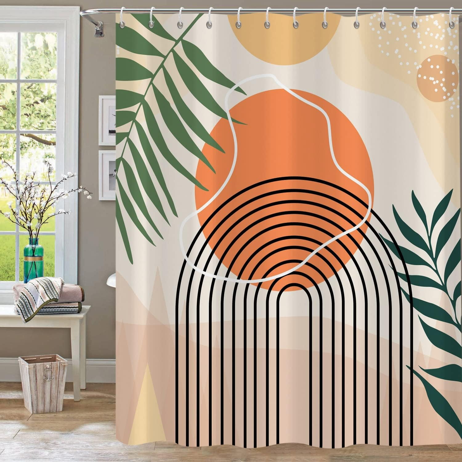 Boho Mid-Century Eucalyptus Shower Curtain - Geometric Leaves Arch Sun Design, Neutral Modern ...