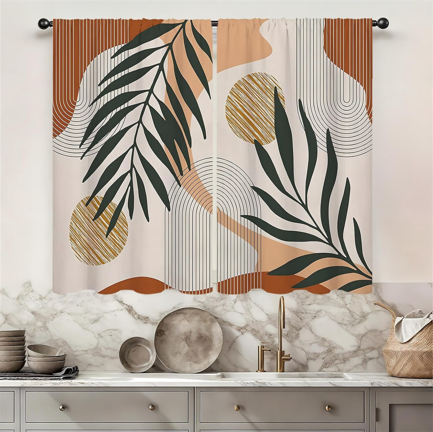 Boho Mid Century Kitchen Curtains Rod Pocket Bohemian Palm Leaf ...