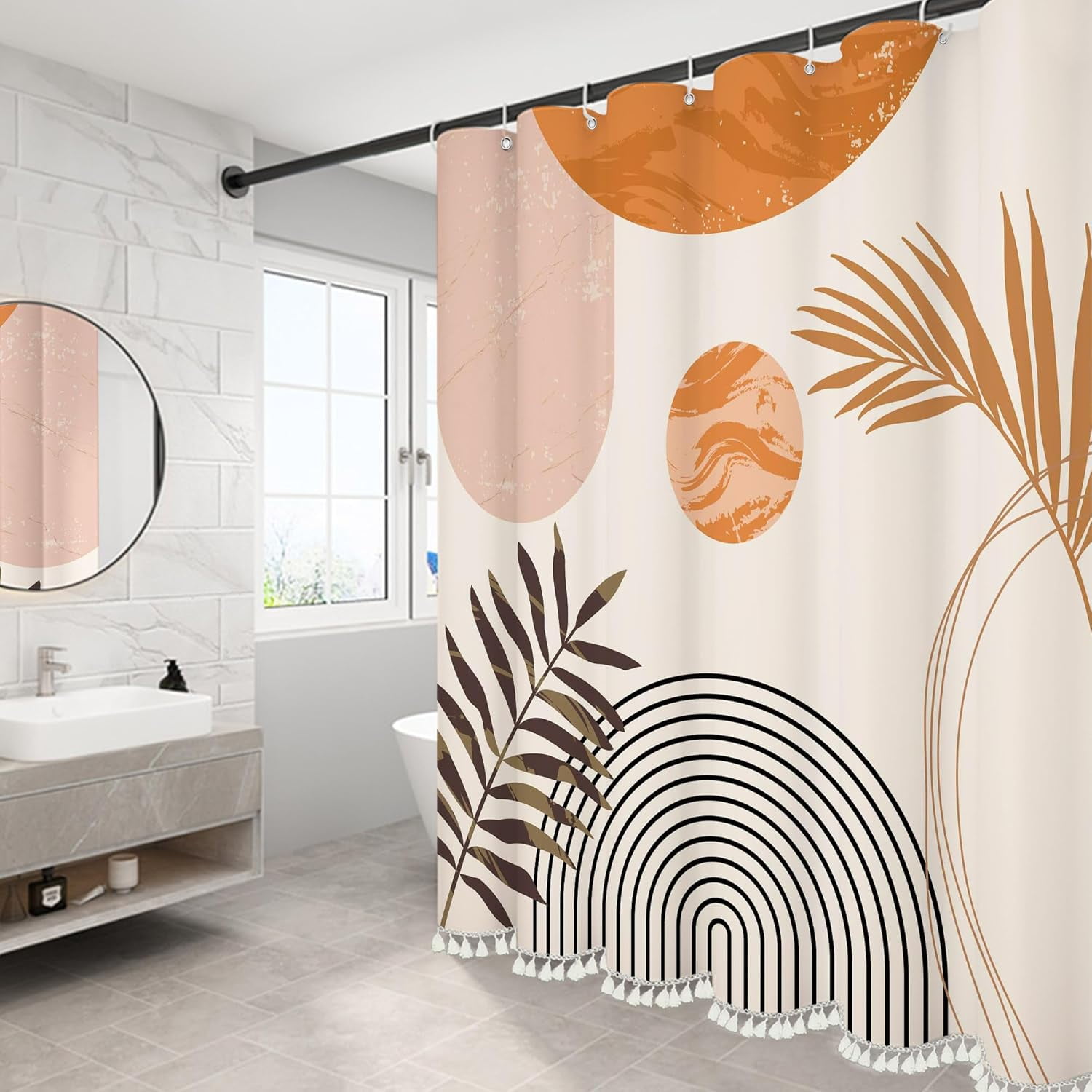 Boho Mid Century Leaf Shower Curtain Set,Arch Sun Design,Minimalistic ...