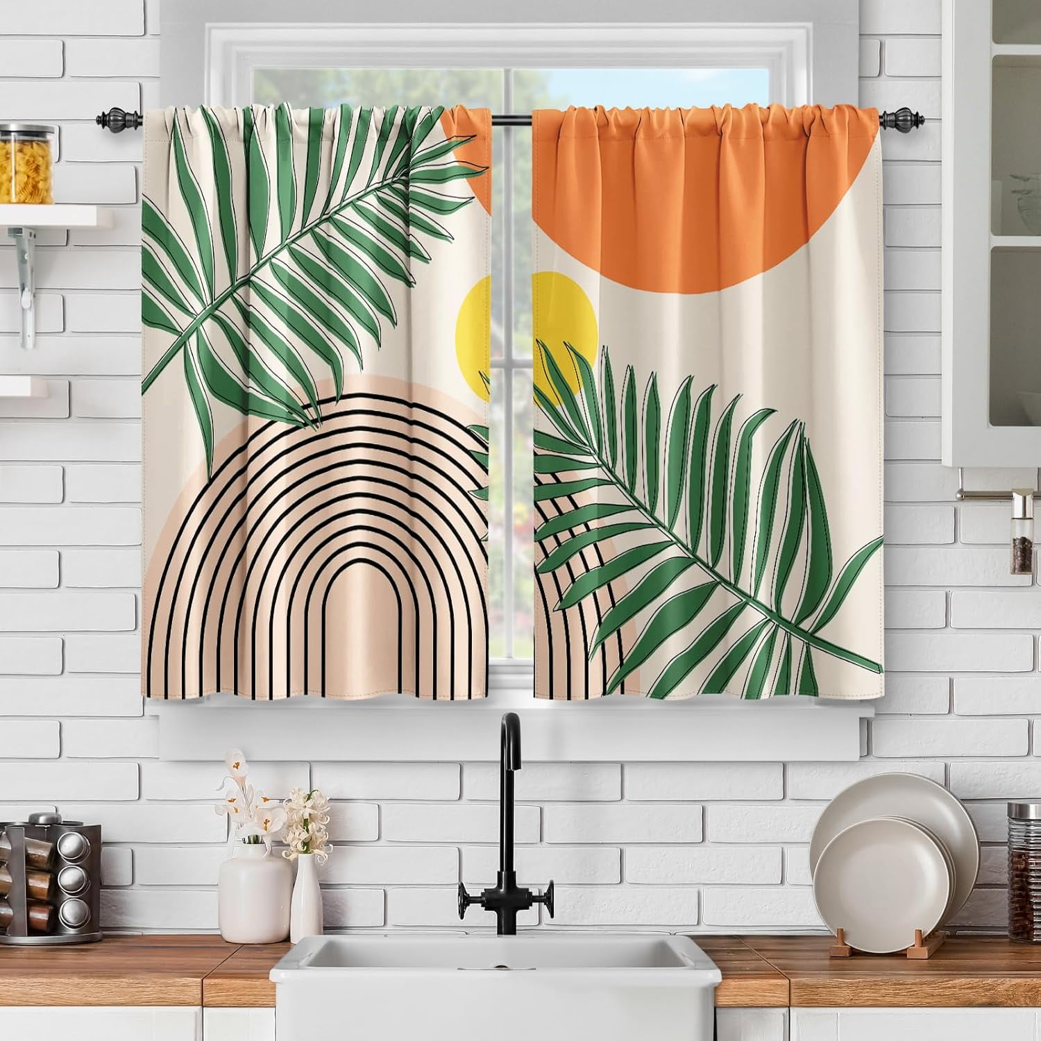 Boho Mid Century Modern Kitchen Curtains - Abstract Arch Short Cafe ...