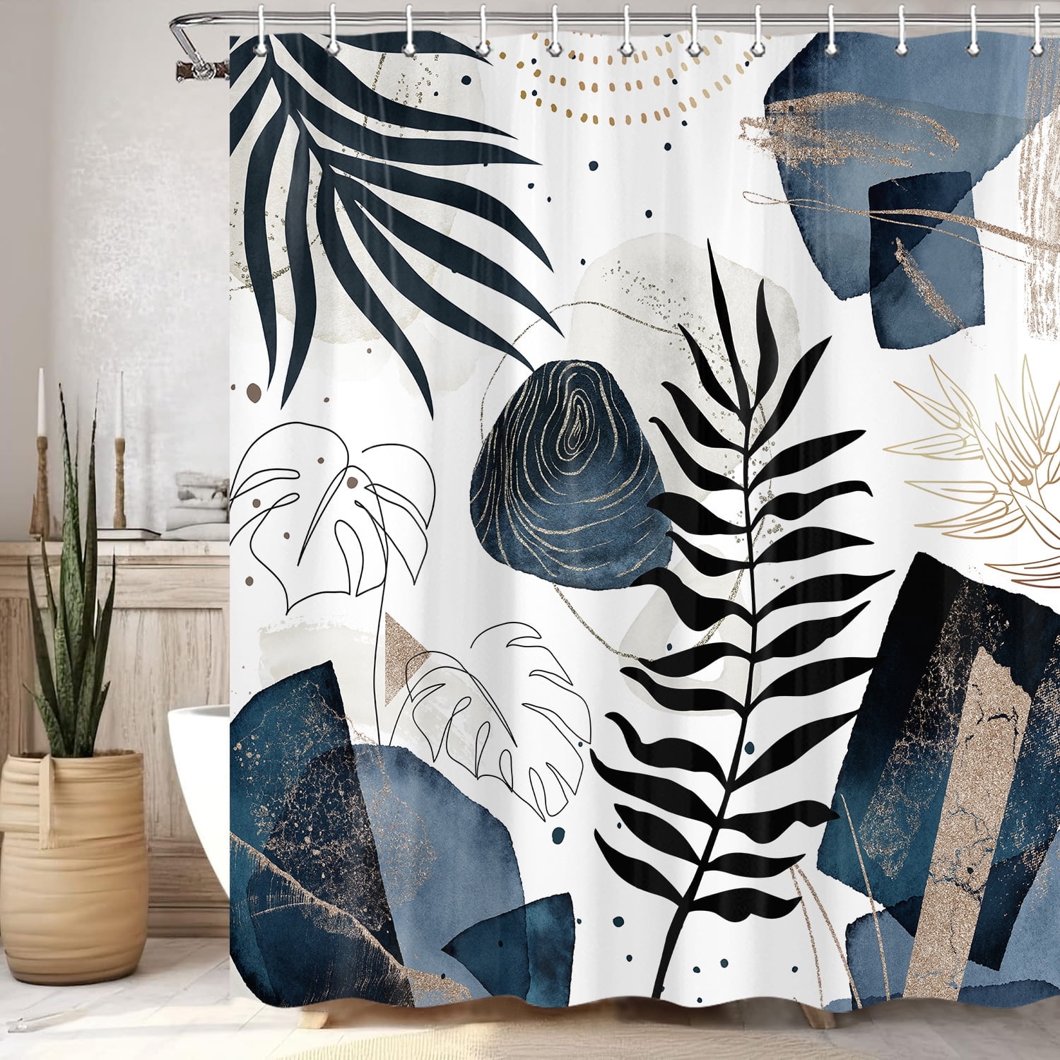 Boho Mid Century Shower Curtain, Abstract Minimalist Geometric Blue Leaves Aesthetic Modern ...