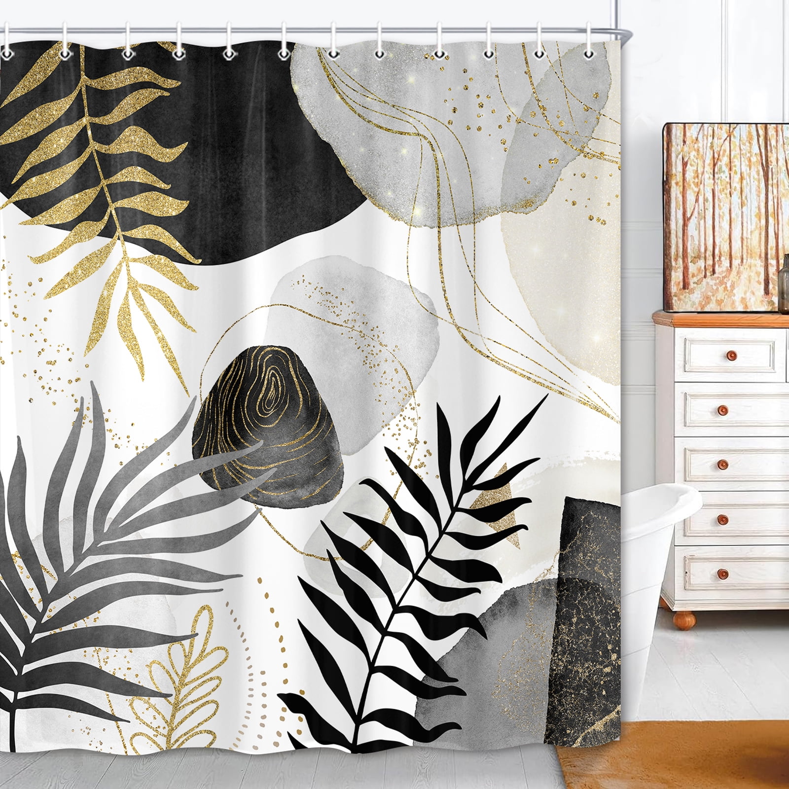 Boho Mid Century Shower Curtain,Abstract Minimalist Geometric Gold Black Leaves Aesthetic Modern ...