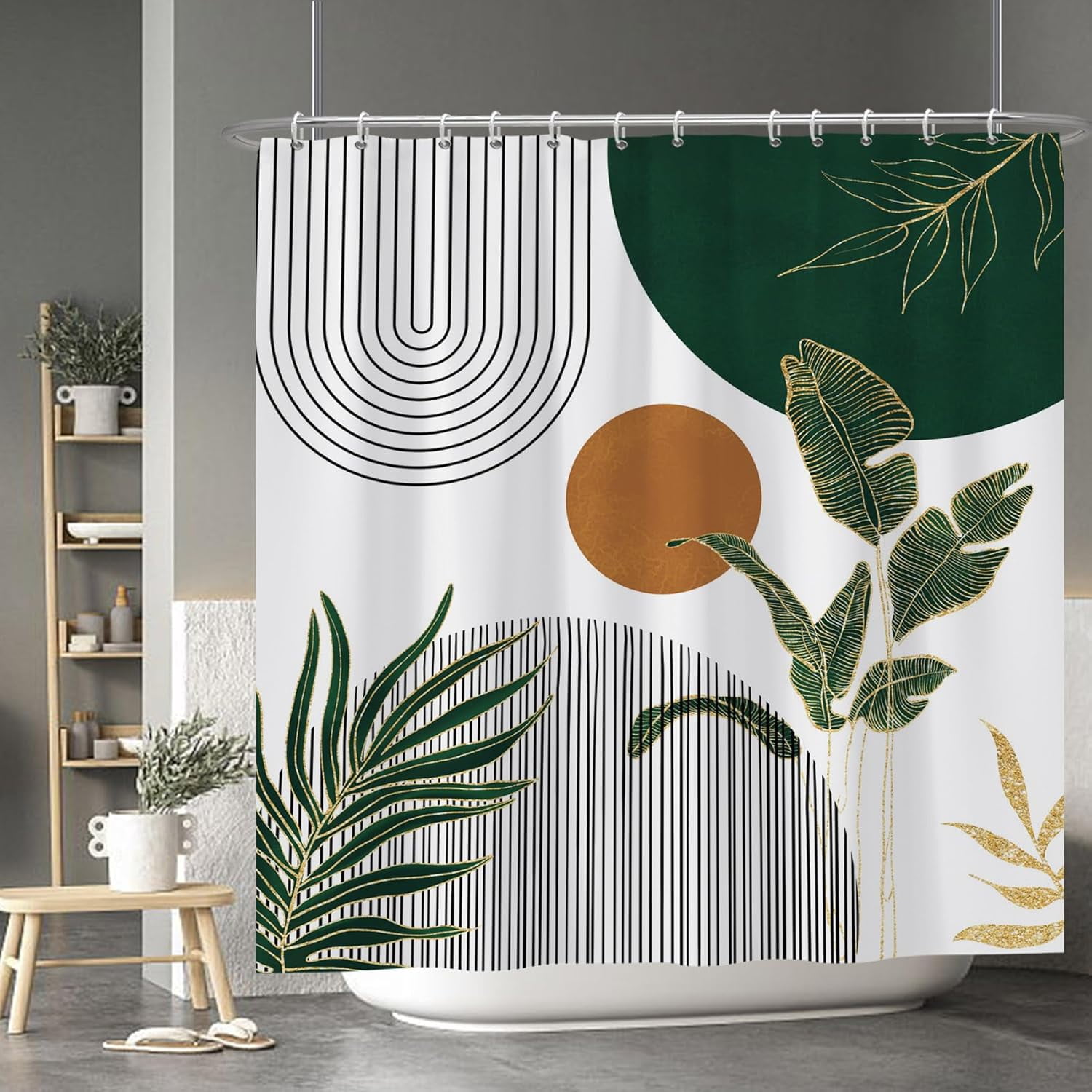 Boho Mid Century Shower Curtain Abstract Sun Green Banana Leaves Curve Aesthetic Shower Curtain ...
