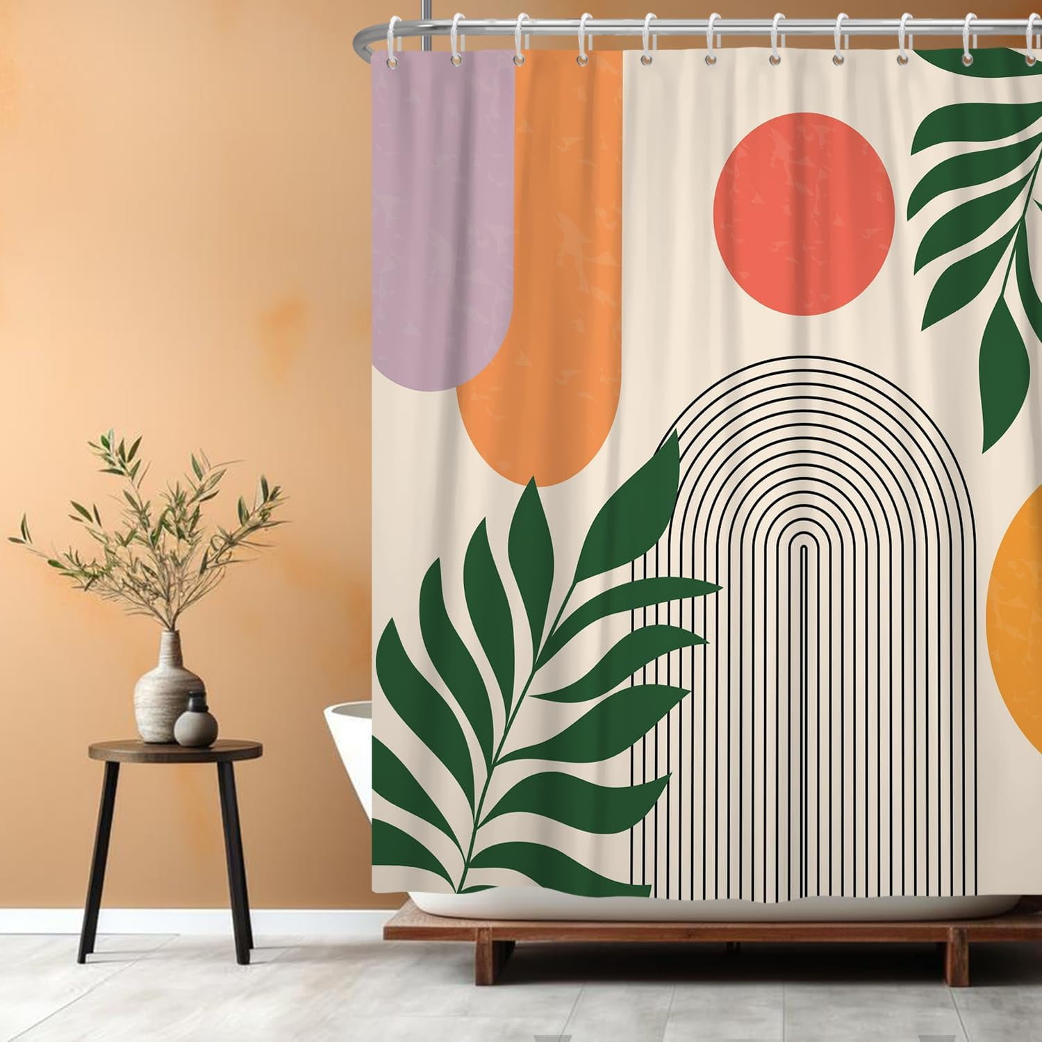 Boho Mid Century Shower Curtain Beige Abstract Bohemian Neutral Shower ...