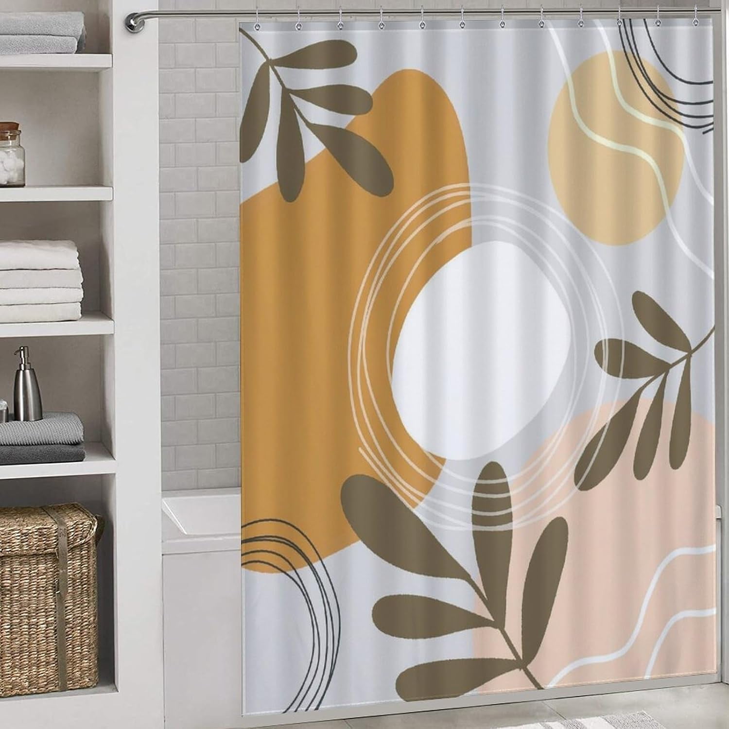 Boho Mid Century Shower Curtain, Bohemian Abstract Modern Leaves Shower ...