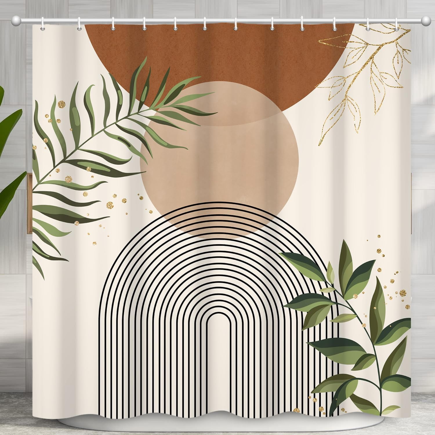 Boho Mid Century Shower Curtain, Brown Modern Minimalist Abstract ...