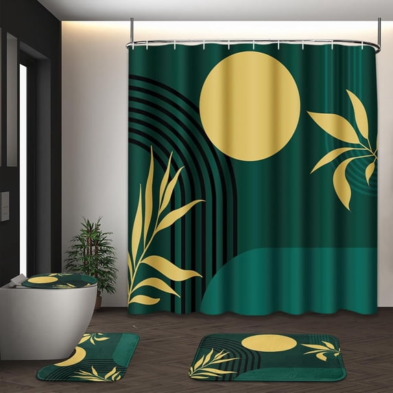Boho Mid Century Shower Curtain Set with Toilet Lid Cover and Non-Slip ...