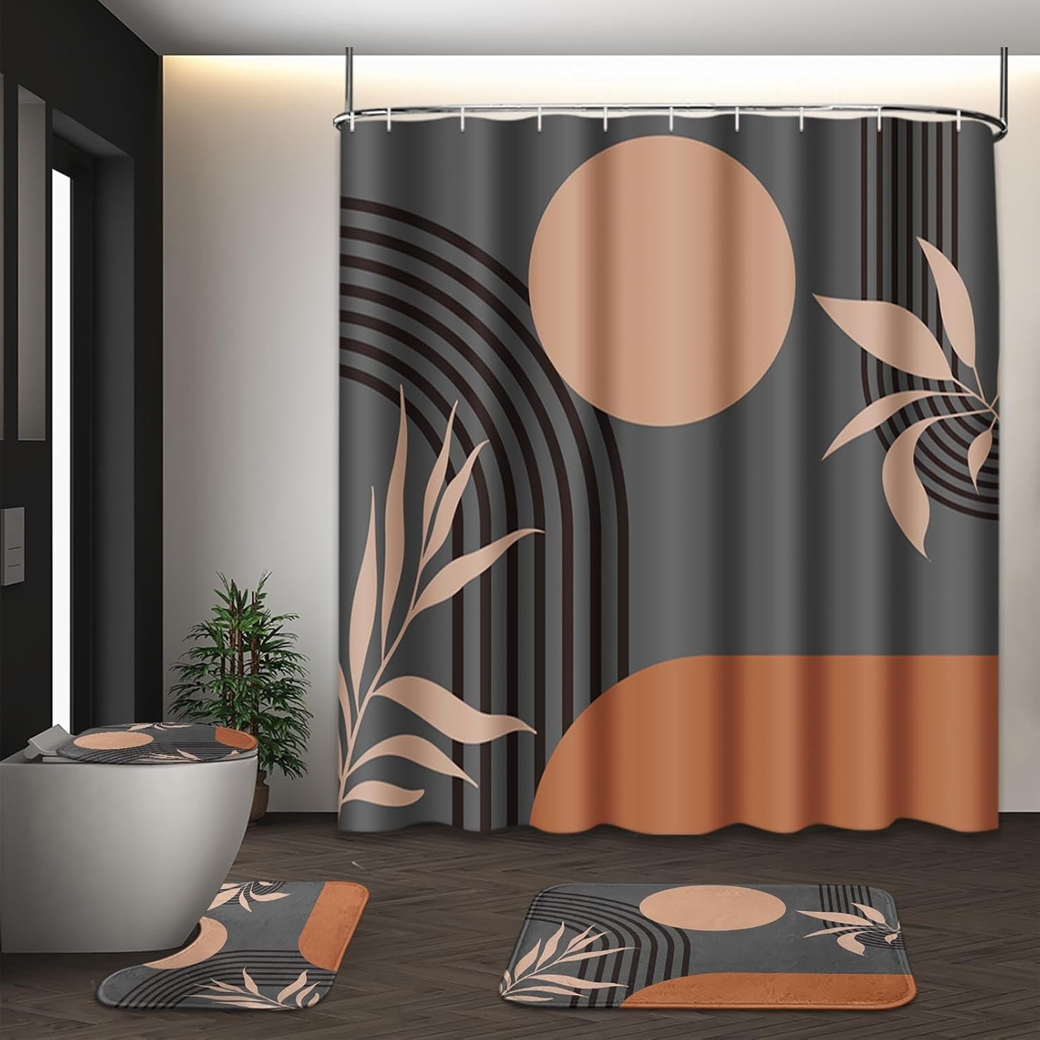 Boho Mid Century Shower Curtain Set with Toilet Lid Cover and Non-Slip ...