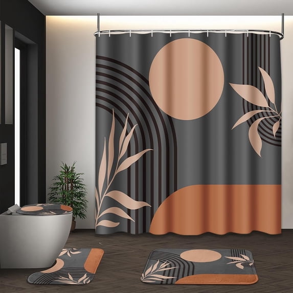 Boho Mid Century Shower Curtain Set with Toilet Lid Cover and Non-Slip ...
