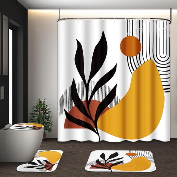 Boho Mid Century Shower Curtain Set with Toilet Lid Cover and Non-Slip ...