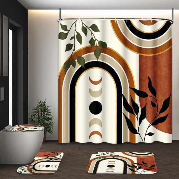 Boho Mid Century Shower Curtain Set with Toilet Lid Cover and Non-Slip ...
