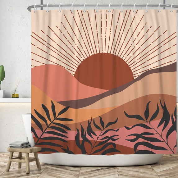 Boho Mid Century Shower Curtain Sun Leaf Mountain Abstract Bath Curtain ...