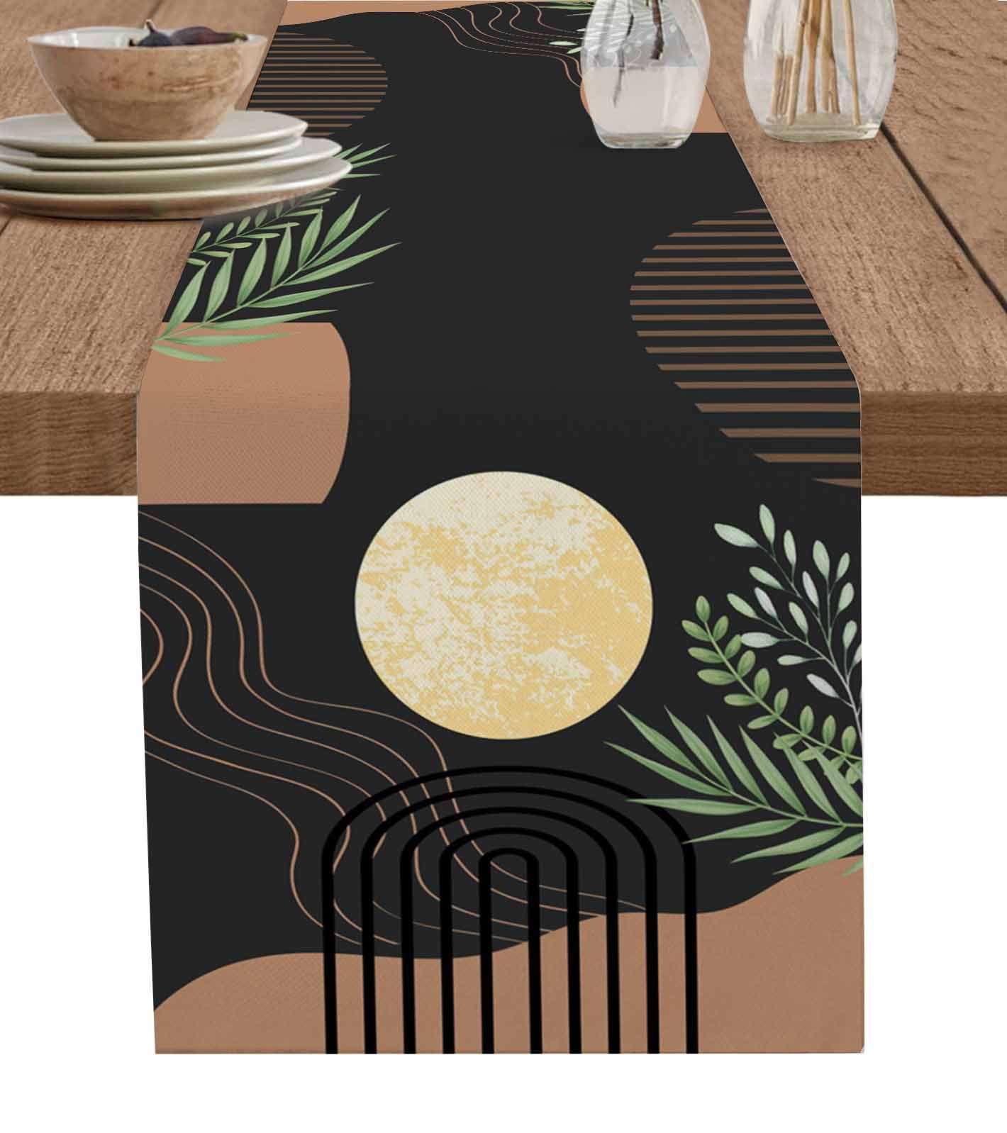 Boho Mid Century Table Runner Modern Abstract Art Moon Stripe Leaves ...