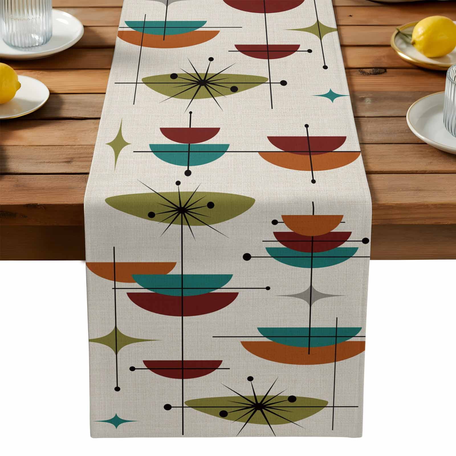 Boho Mid Century Table Runner, Turquoise Orange Abstract Geometric ...
