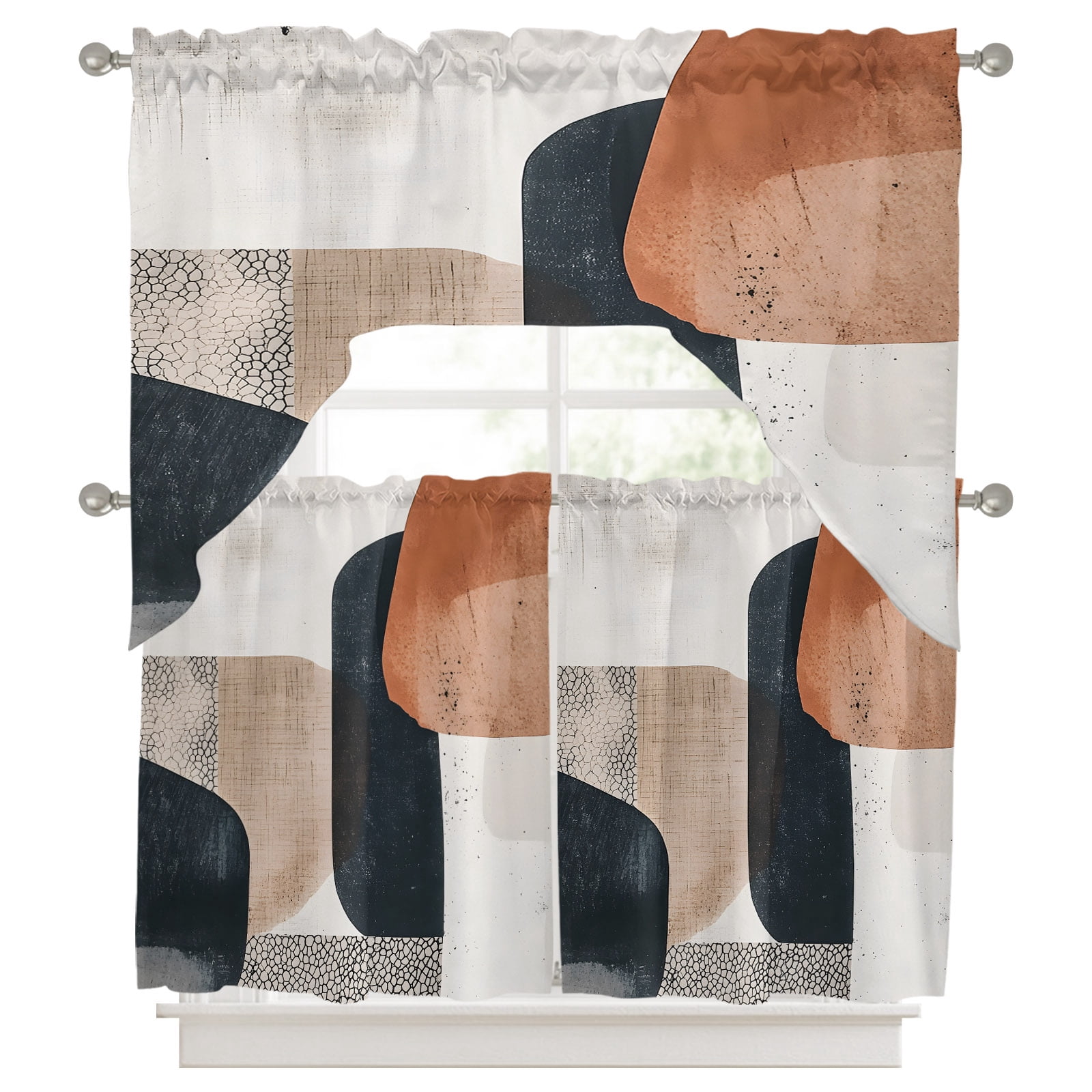 Boho Middle Century 3 Pieces Swag Kitchen Curtains Set, Abstract Modern ...
