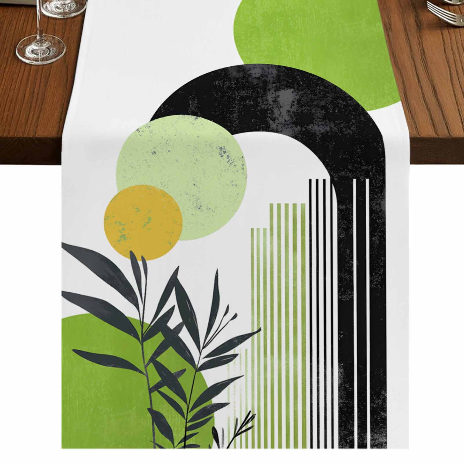 Boho Middle Century 36 Inch Table Runner, Abstract Green Geometric ...