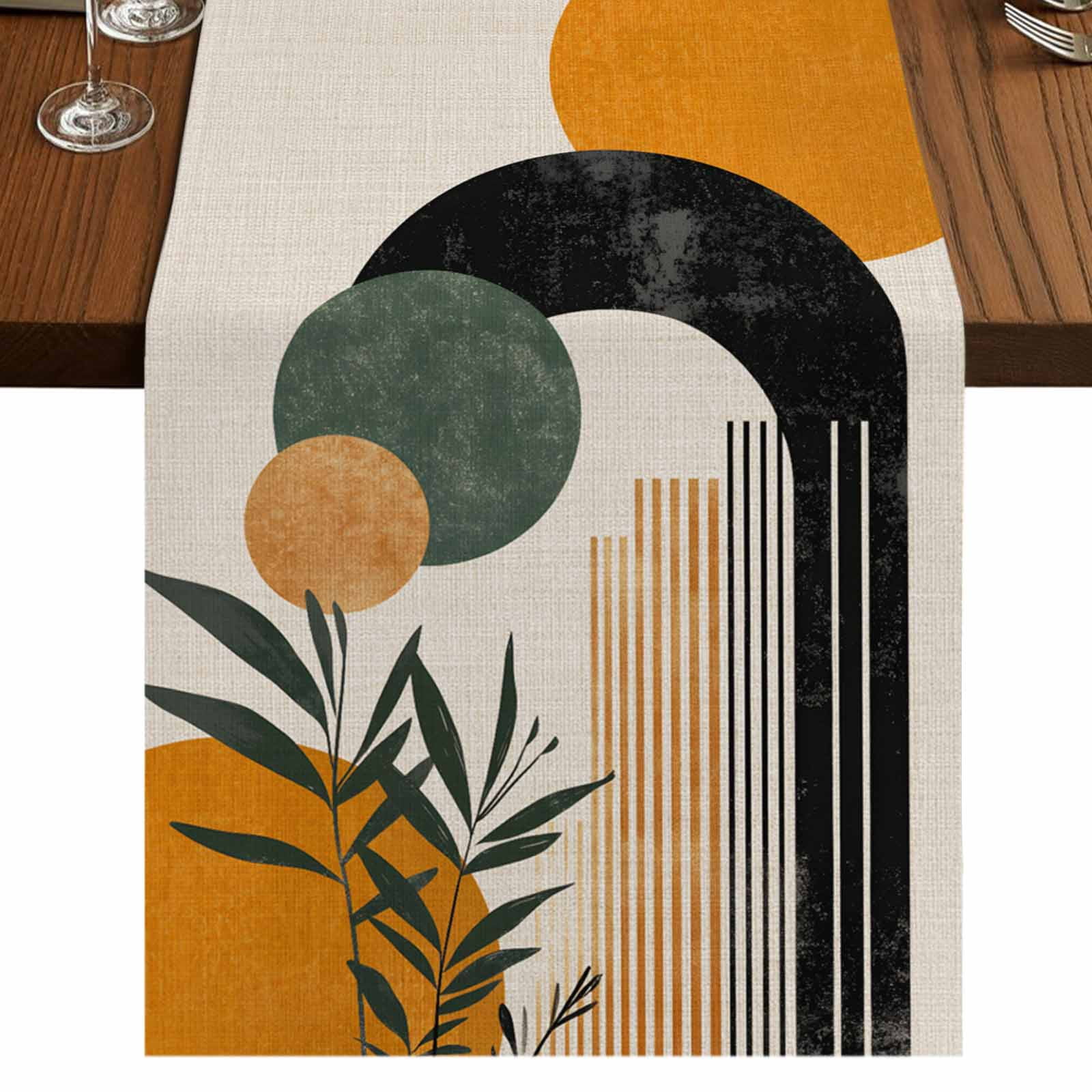 Boho Middle Century 60 Inch Table Runner, Abstract Orange Geometric ...