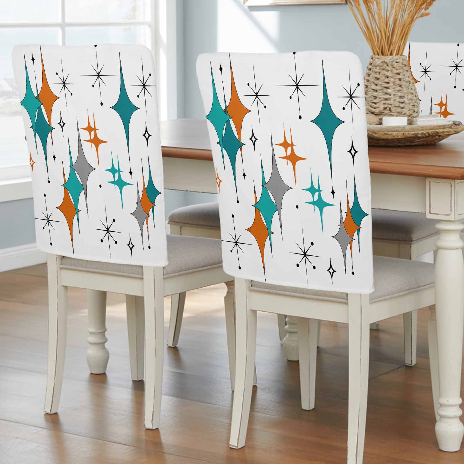 Boho Middle Century Chair Back Covers, Retro Orange Teal Grey Star ...