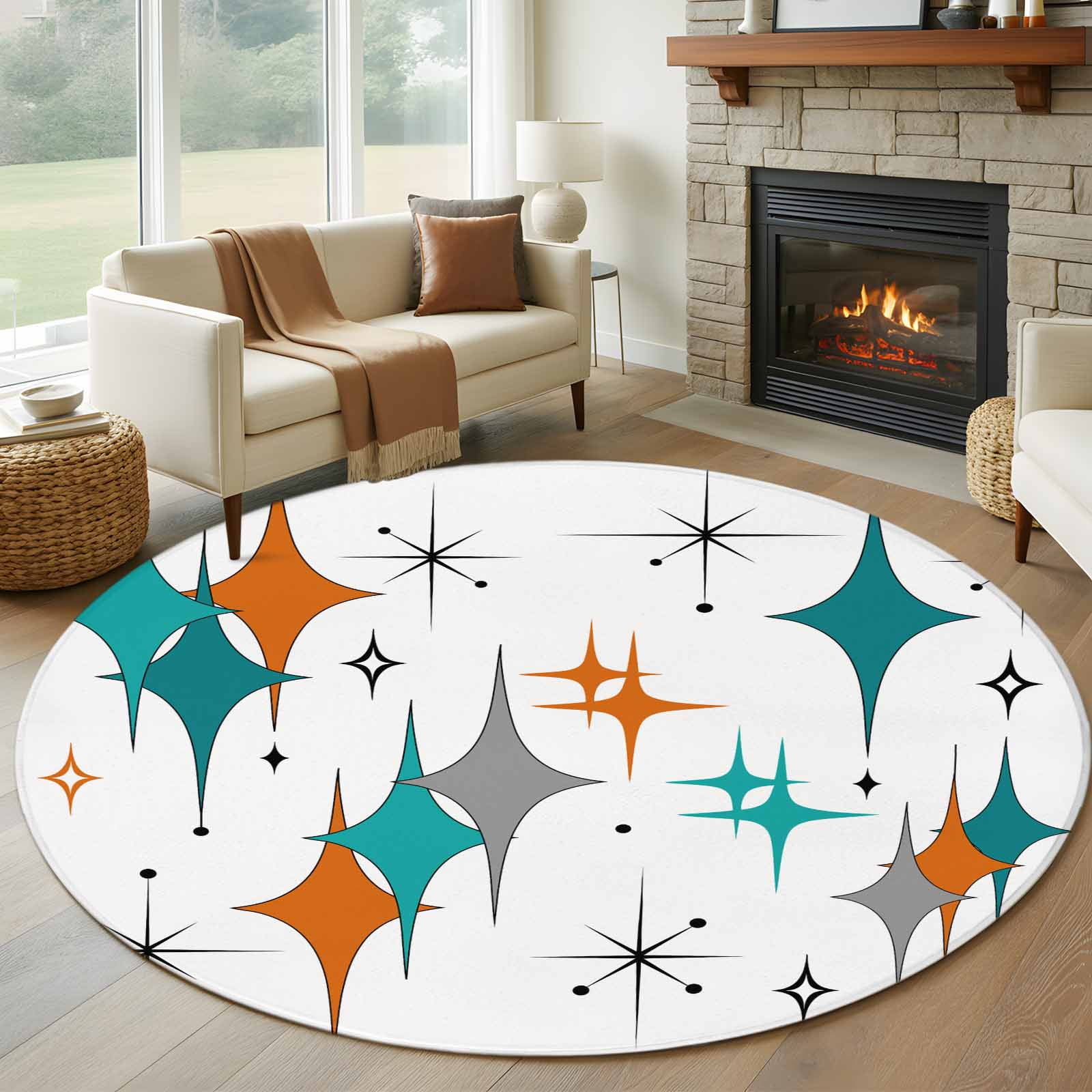 Boho Middle Century Round Rugs 7ft, Retro Orange Teal Grey Star Rhombus ...