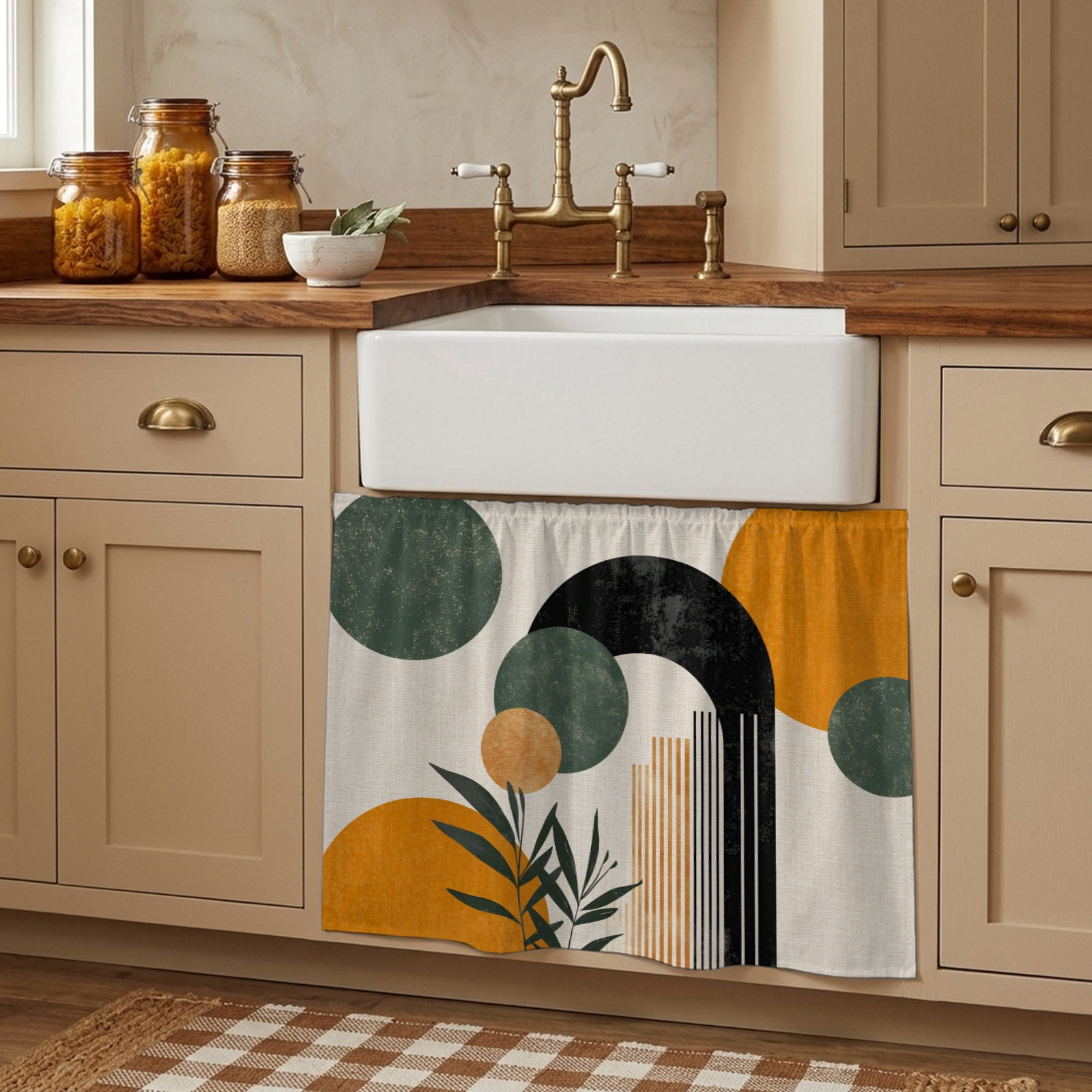 Boho Middle Century Small Cabinet Curtains 10.8"W x 13.4"L, Abstract ...