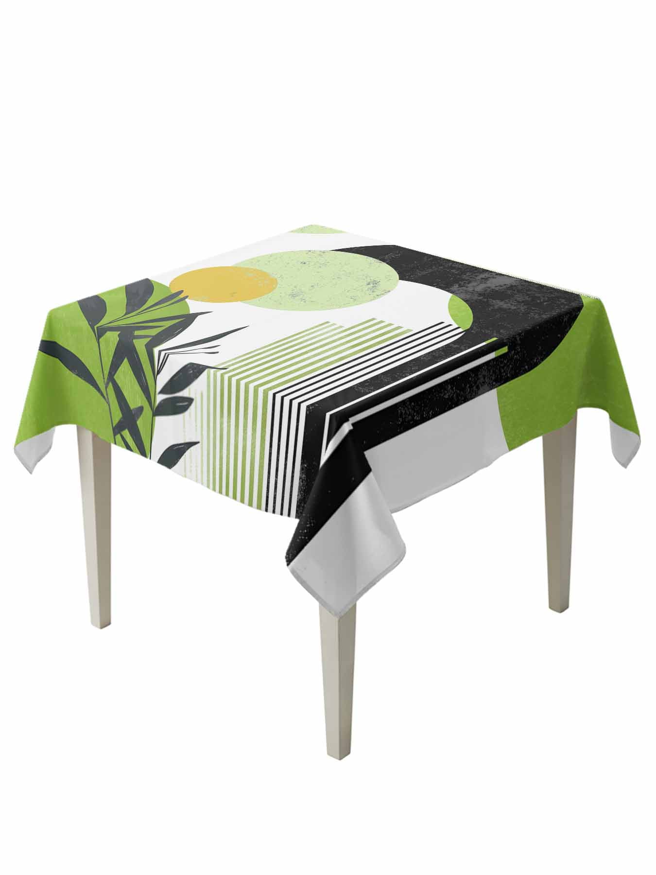 Boho Middle Century Table Cloth, Abstract Green Geometric Botanical ...