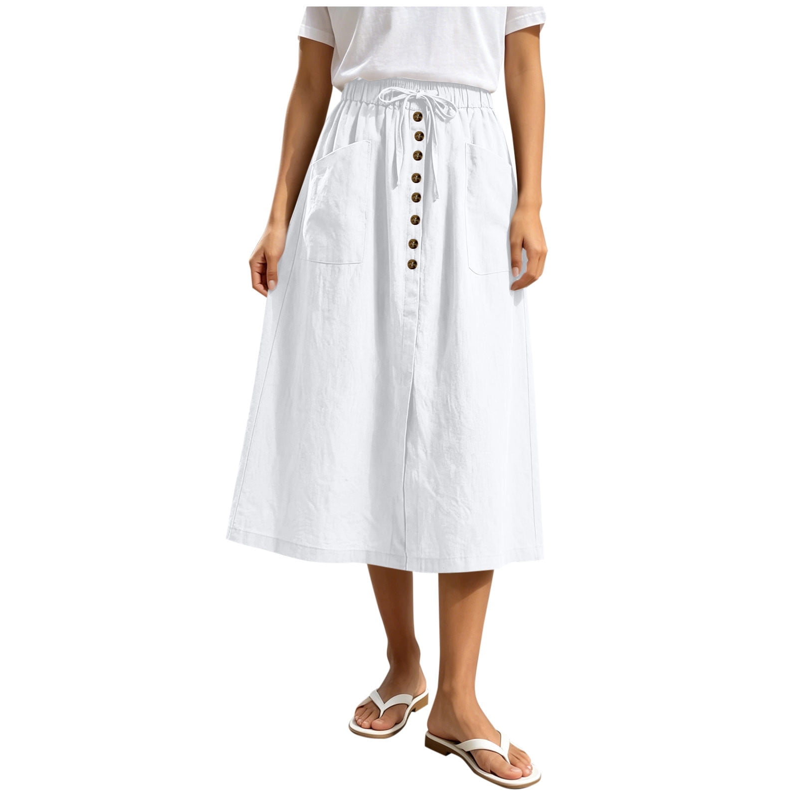Boho Midi Skirts for Women Elastic Drawstring Waist Long Dress Button ...