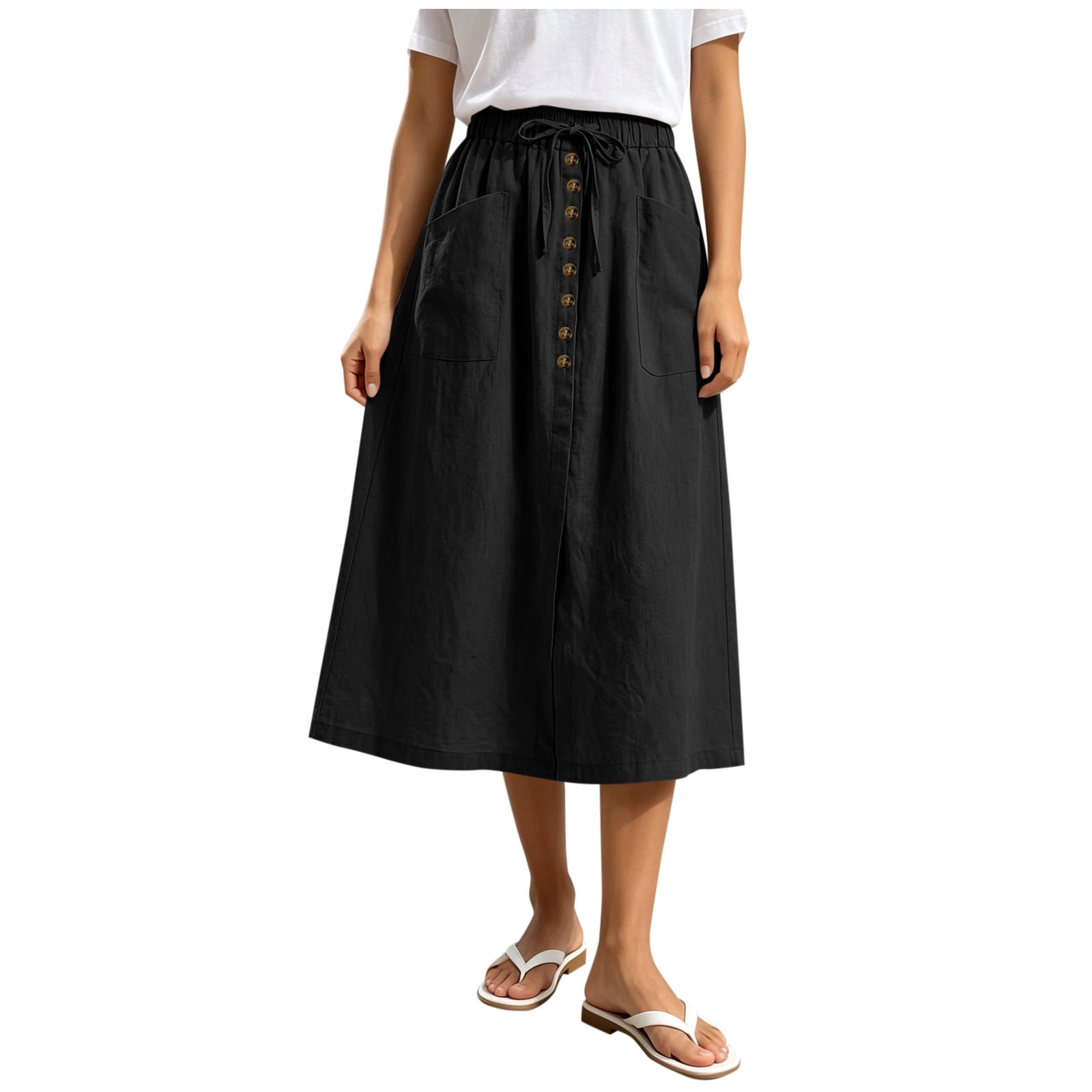 Boho Midi Skirts for Women Elastic Drawstring Waist Long Dress Button ...