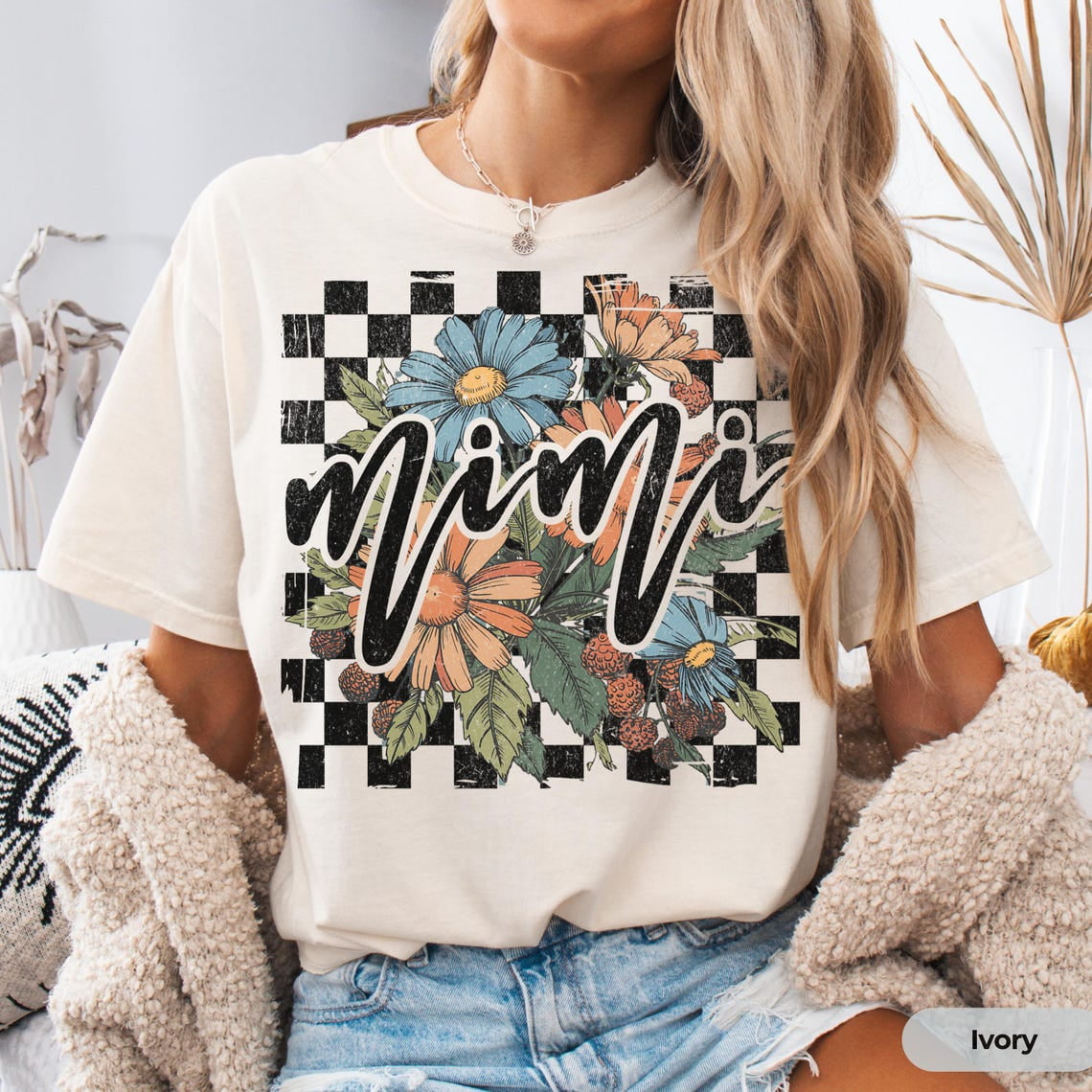 Boho Mimi Shirt Floral Checkered – Grandma Tee Gift For Mimi, Trendy Retro Flower T-Shirt For ...