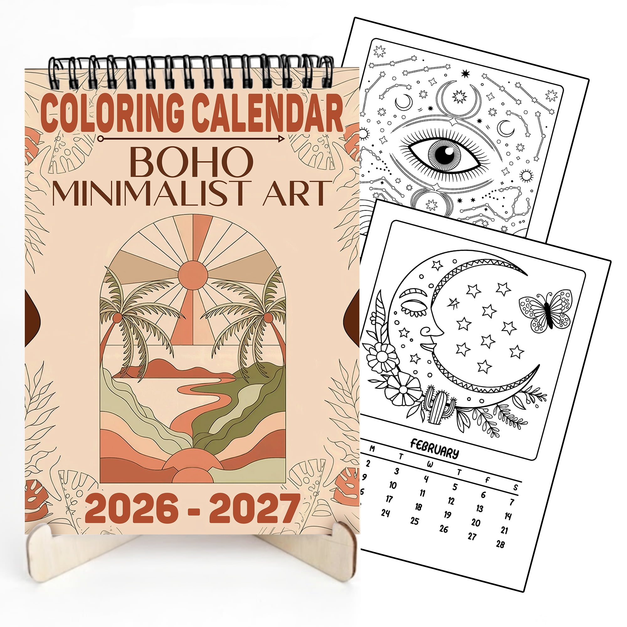 Boho Minimalist Art Coloring Desk Calendar 2026–2027, A5 Wooden Cover ...