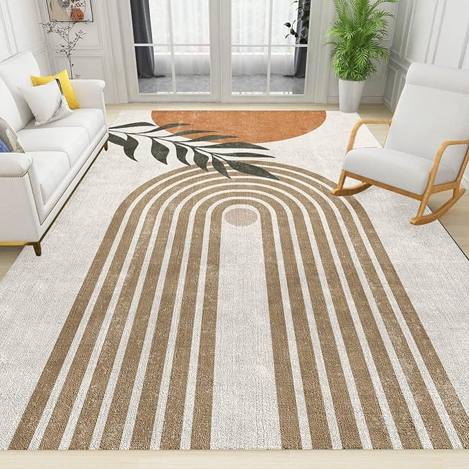 Boho Minimalist Leaves Art Area Rug, Mid Century Sun Decorative Rug ...