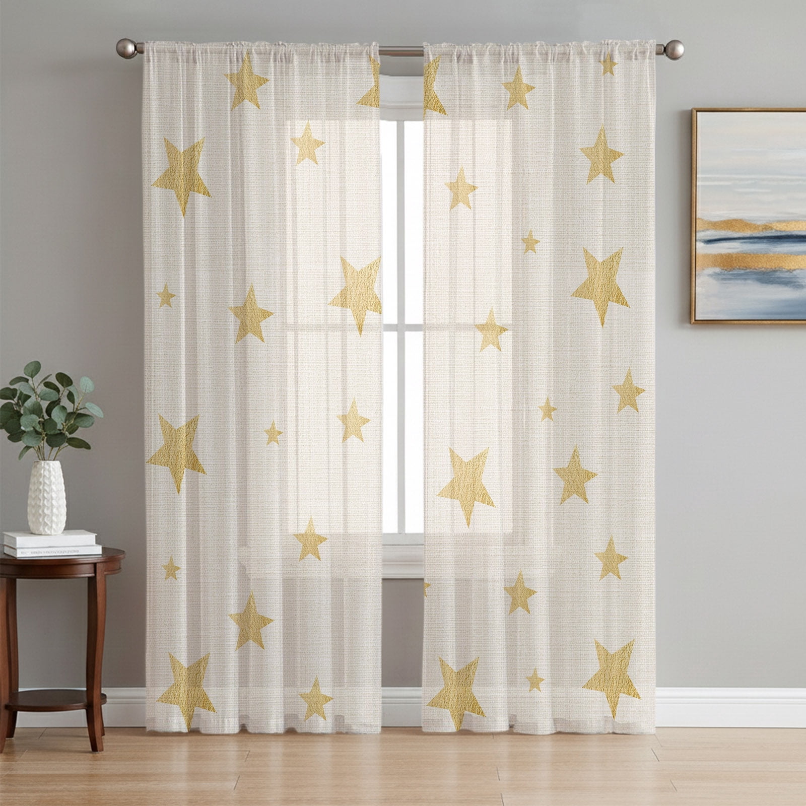 Boho Minimalist Sheer Curtains 96 Inch Length 2 Panels Set, Gold Cream ...