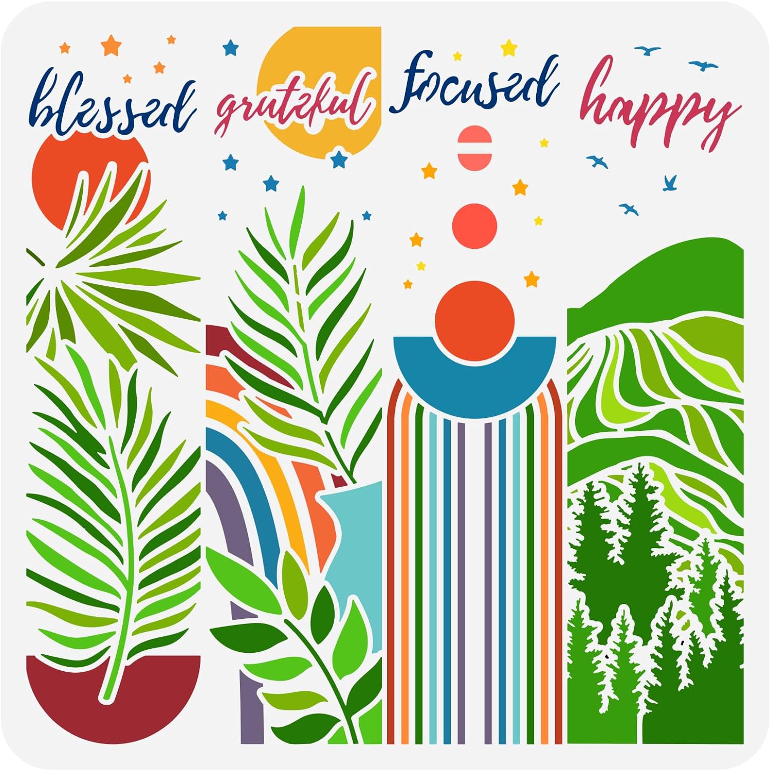 Boho Minimalist Stencil 11.8x11.8 inch Mountain Leaves Landscape ...