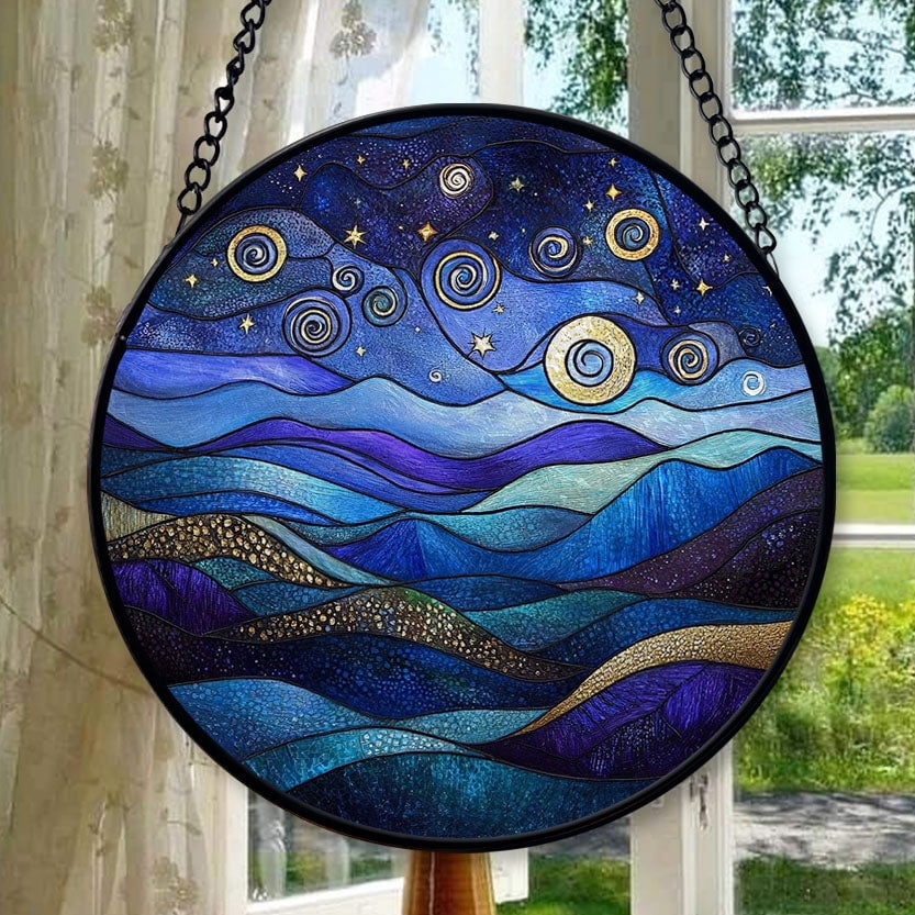 Boho Misty Mountains and Twinkling Stars Stained Glass Window Hanging ...