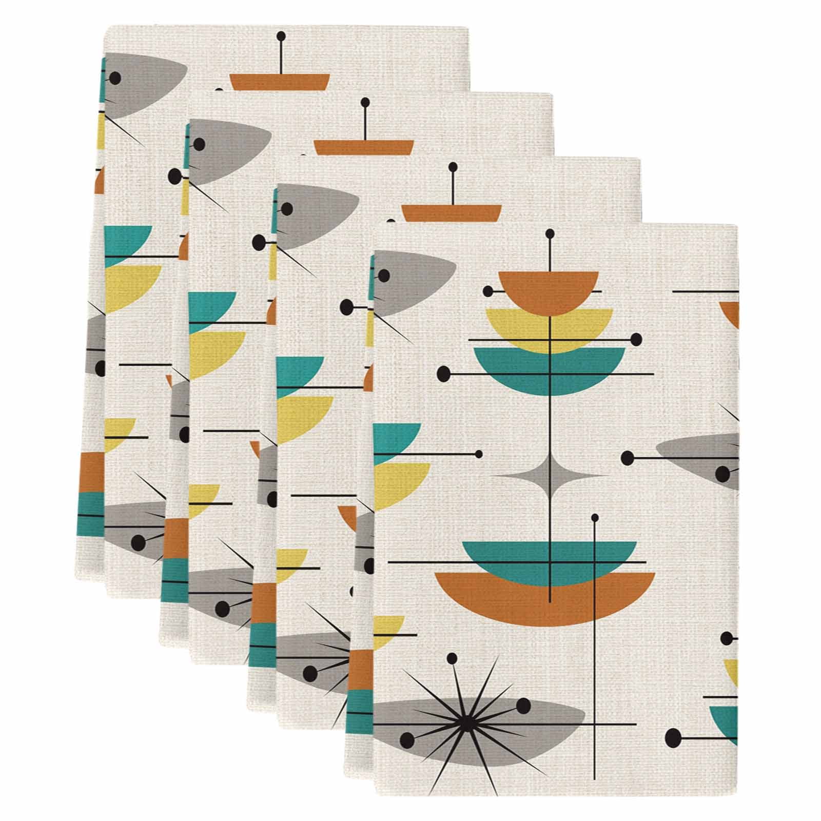 Boho Teal Yellow Orange Grey Kitchen Towels Set of 4, Middle Century ...