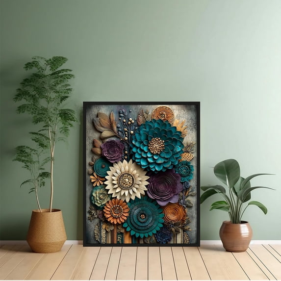 Boho Moody Floral Wall Poster 3D Effect Botanical Artwork In Teal ...