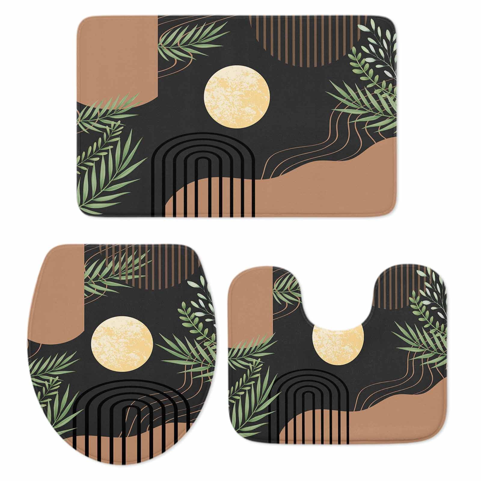 Boho Moon Bathroom Rugs Set Modern Bohemian Green Leaves Plant Black ...