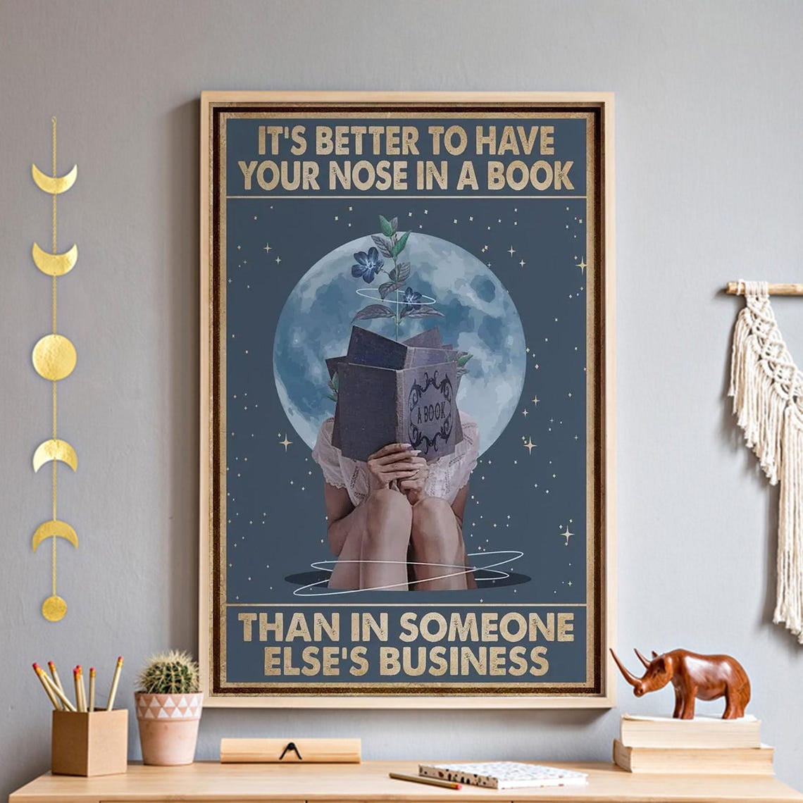 Boho Moon Book Lover Wall Art, Reading Better To Have Your Noise Print ...
