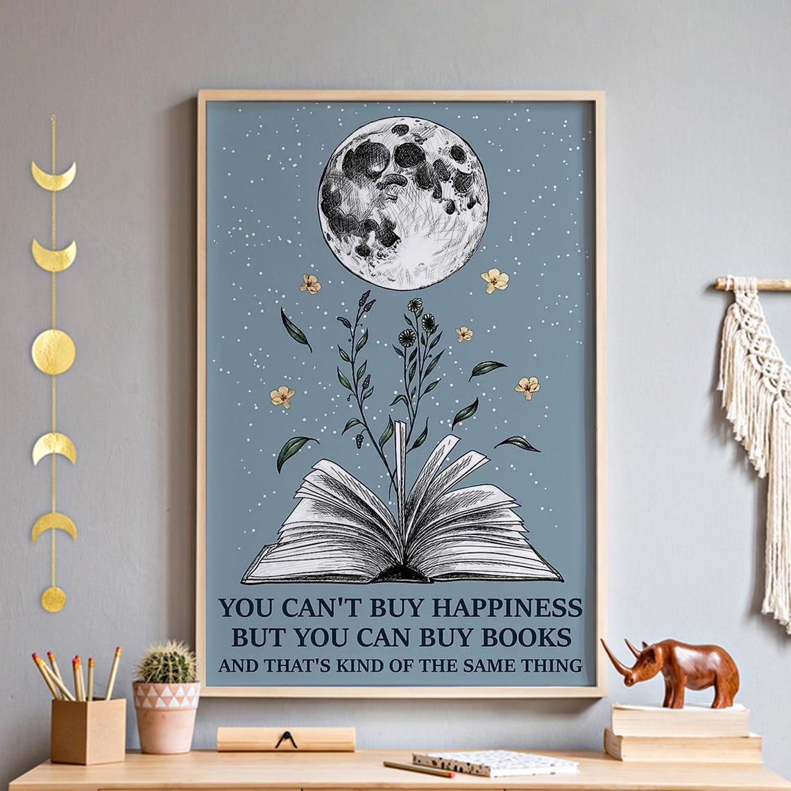 Boho Moon Book Lover Wall Art, You Can Buy Books Print, Bohemian Hippie ...