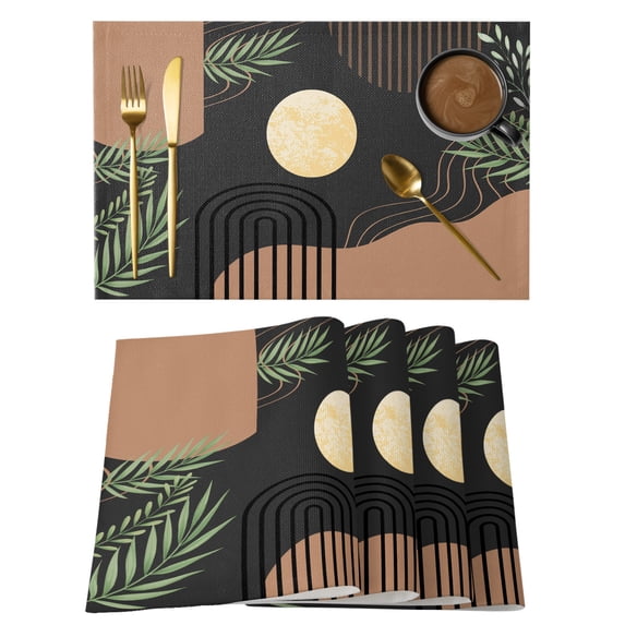 Boho Moon Cotton Linen Placemats Set of 8, Modern Bohemian Green Leaves ...