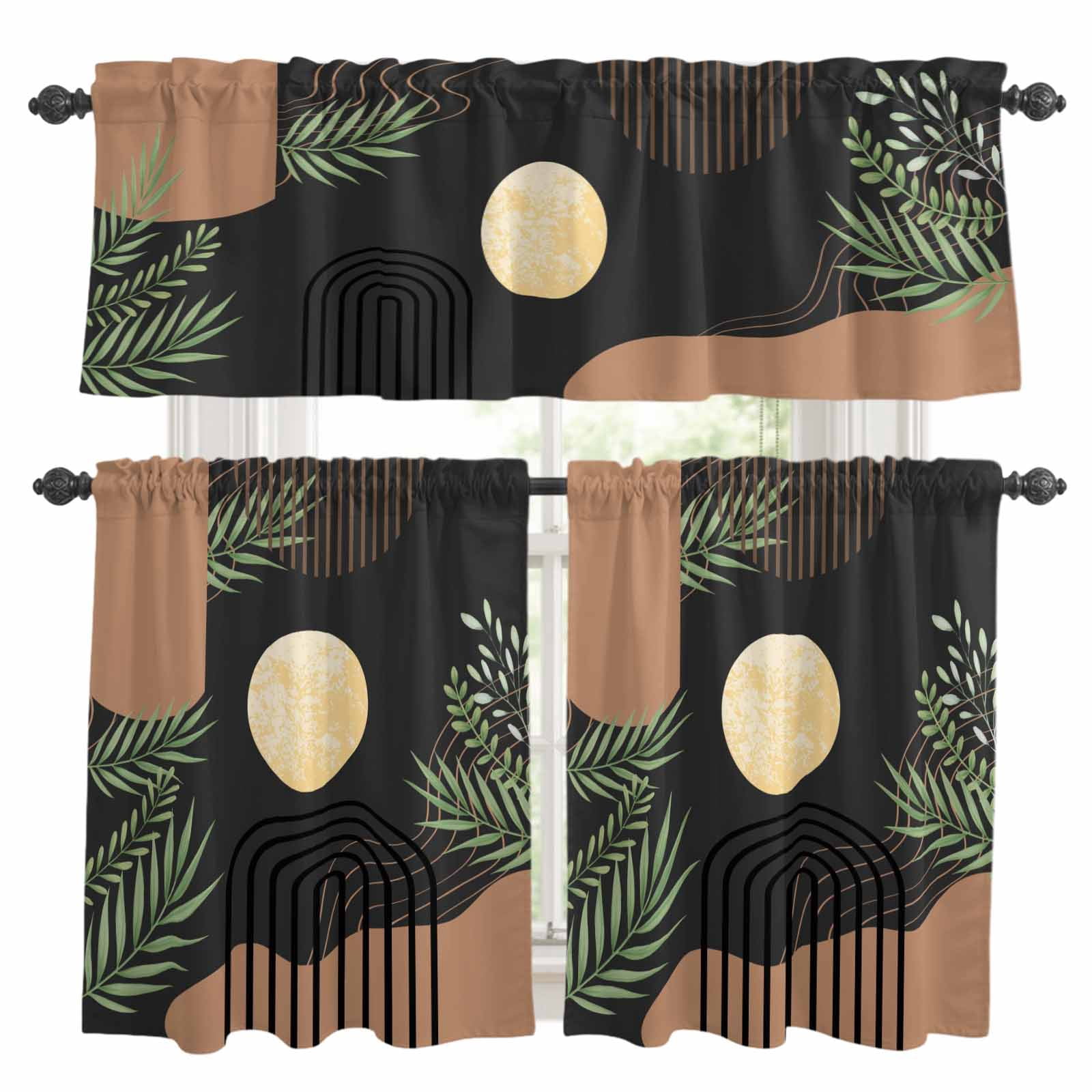 Boho Moon Curtain Valances Set Modern Bohemian Green Leaves Plant Black ...