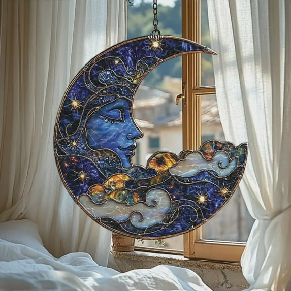Boho Moon Face Acrylic Suncatcher - Faux Stained Glass Celestial ...