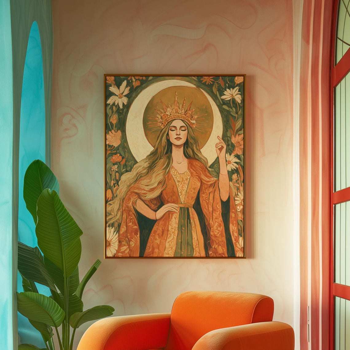Boho Moon Goddess Wall Art, Retro Celestial Woman Portrait Print ...