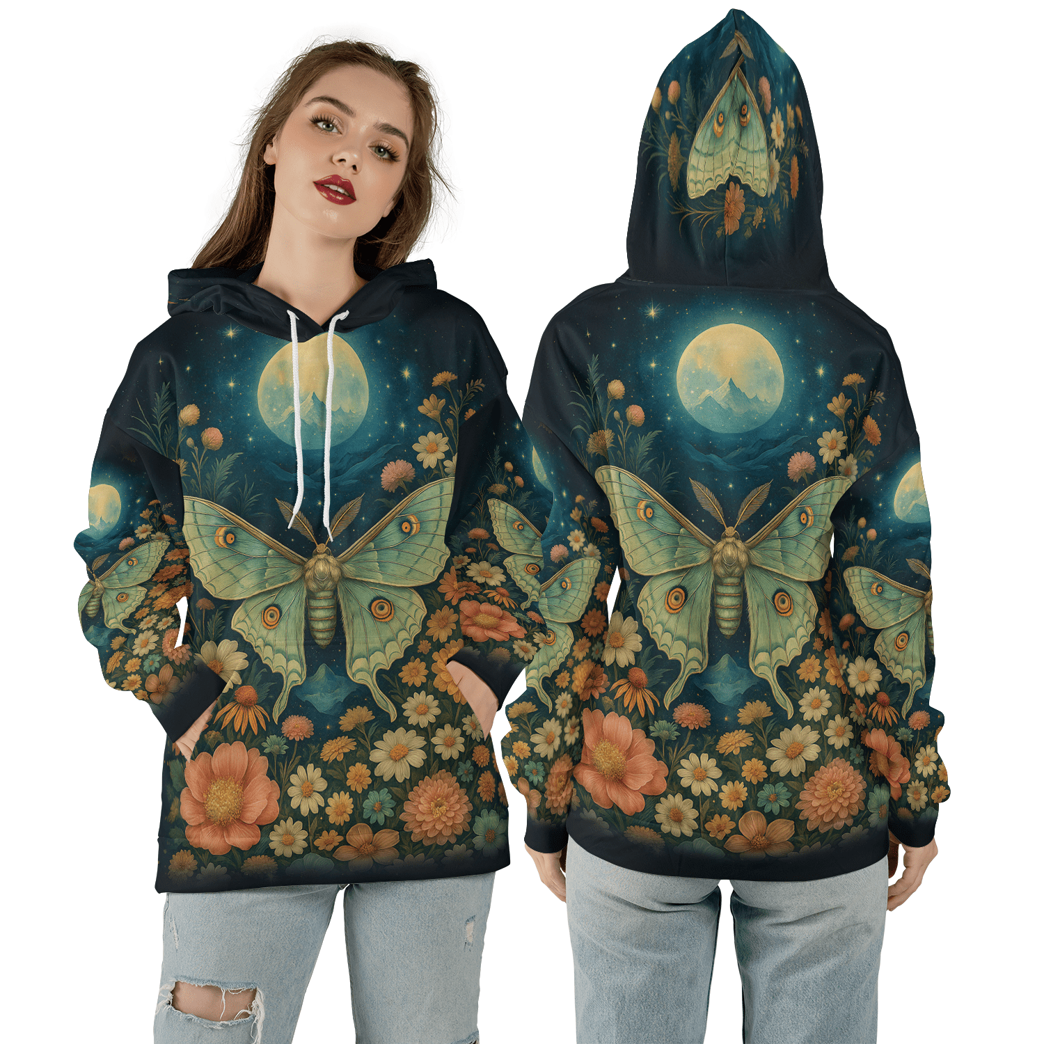 Boho Moon Moth Butterfly 3D Hoodie, Moonlight Butterfly Floral Art ...
