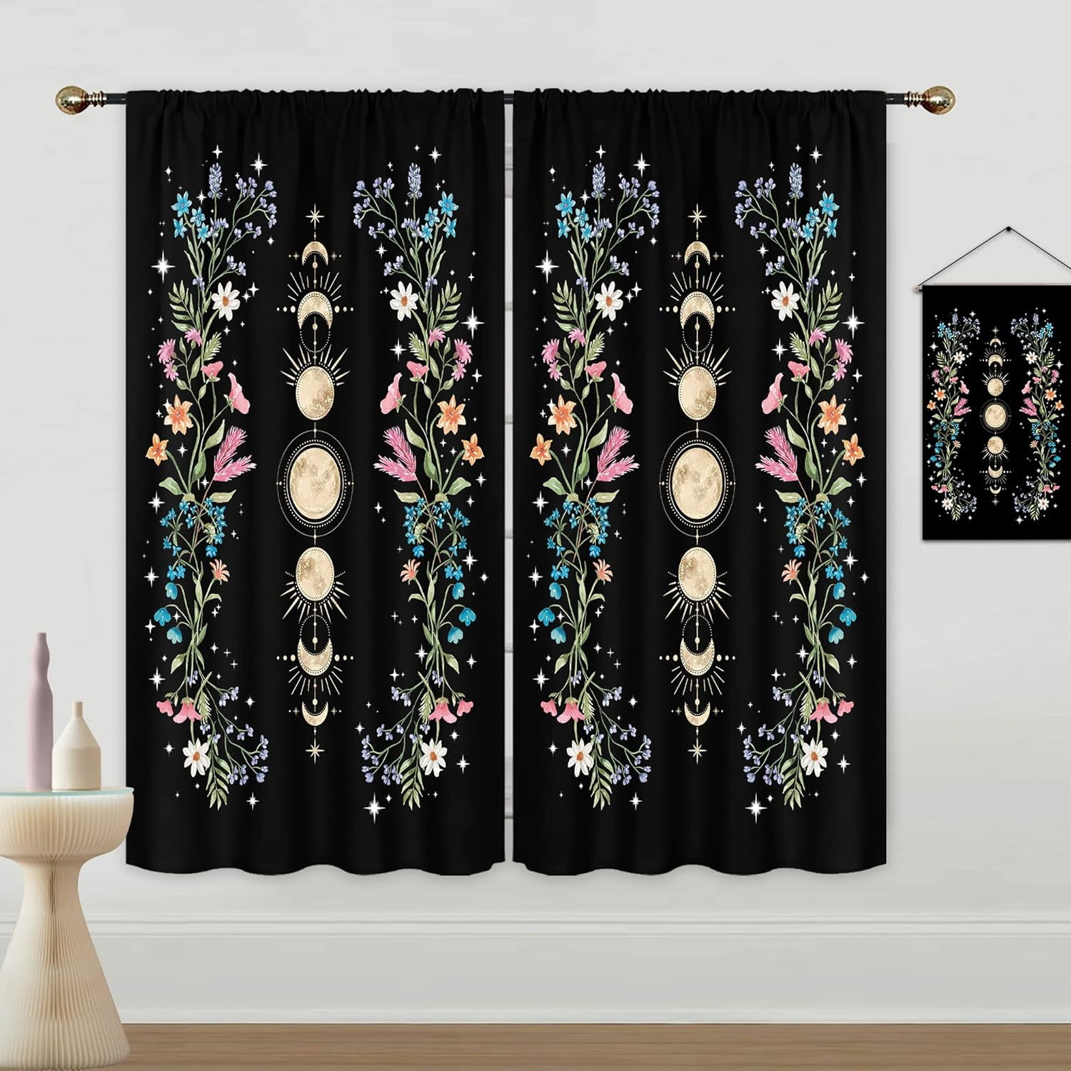 Boho Moon Phase Floral Curtains for Bedroom Rod Pocket Black Wildflower ...
